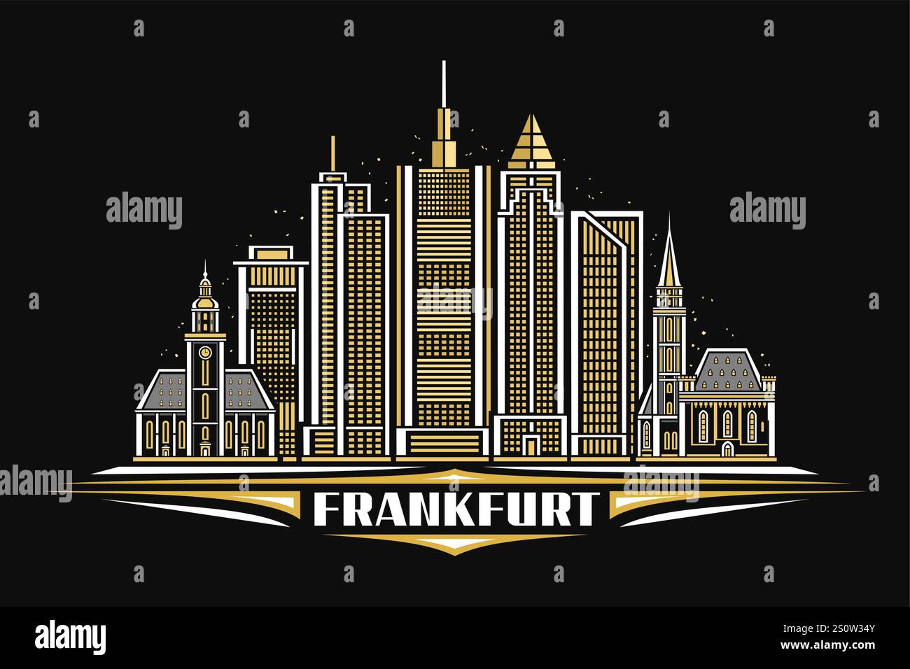 Vector illustration of Frankfurt, dark horizontal card with linear ...