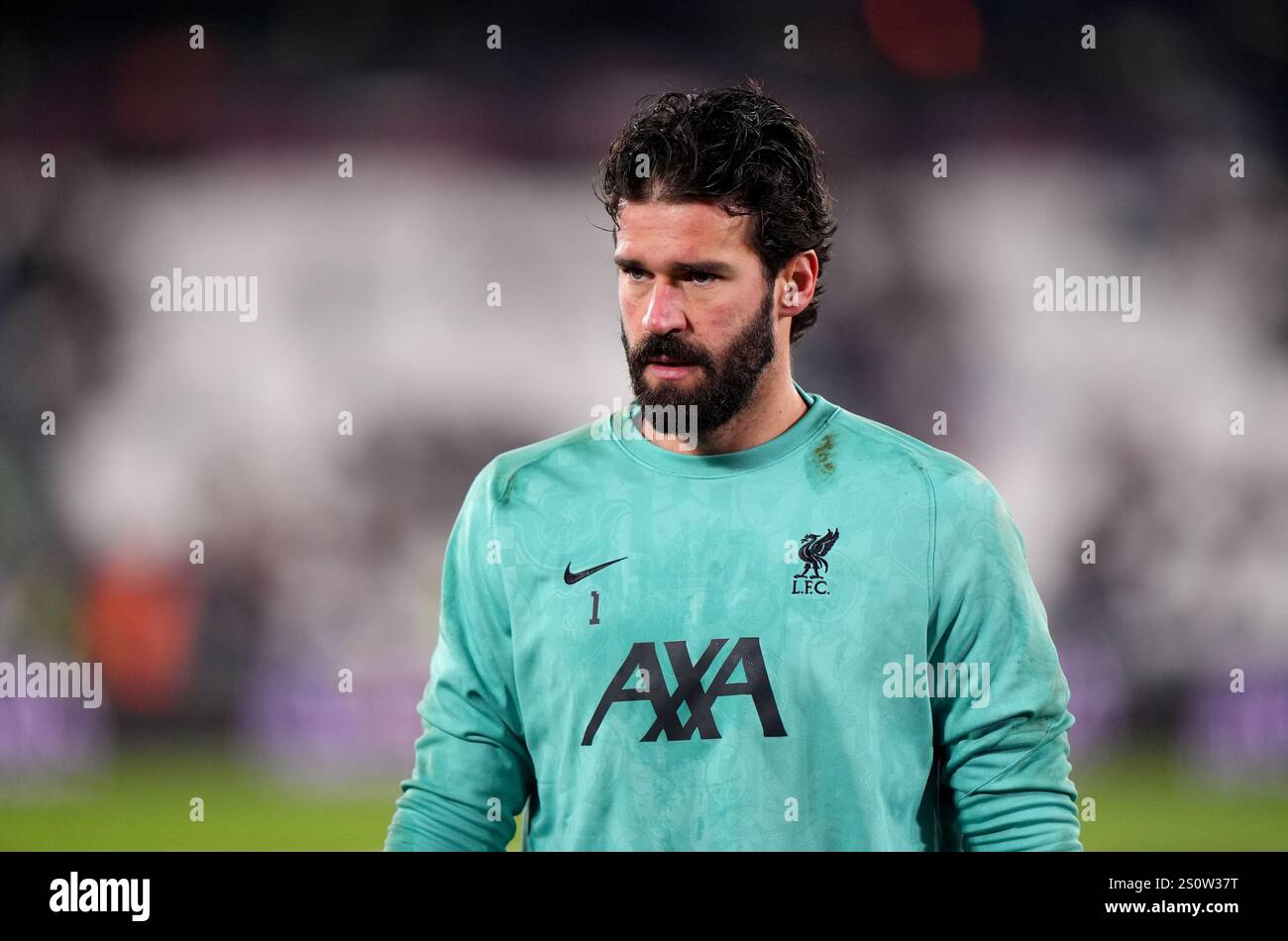 Liverpool goalkeeper Alisson Becker during the warm up before the ...