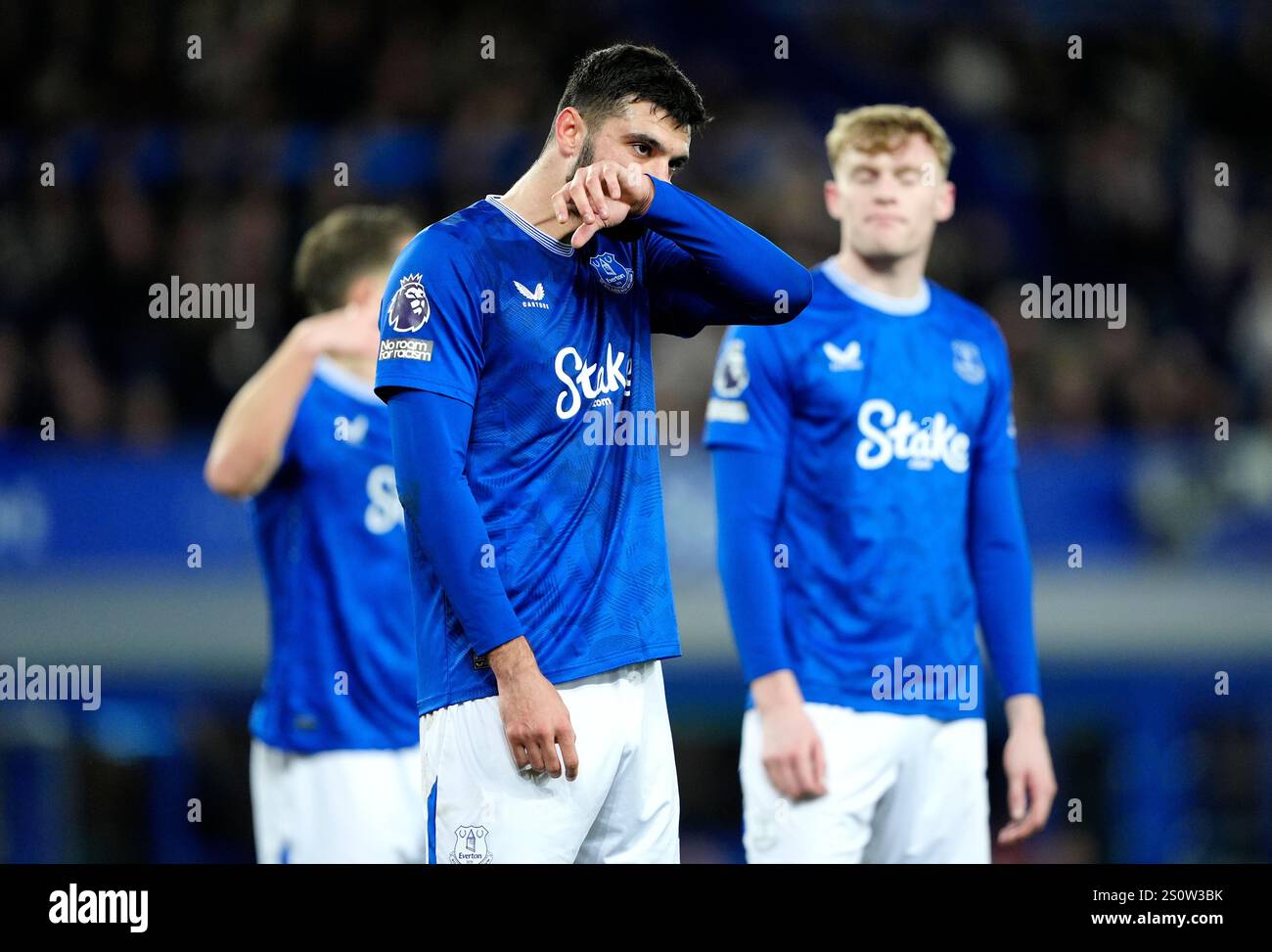 Everton players react during the Premier League match at Goodison Park ...