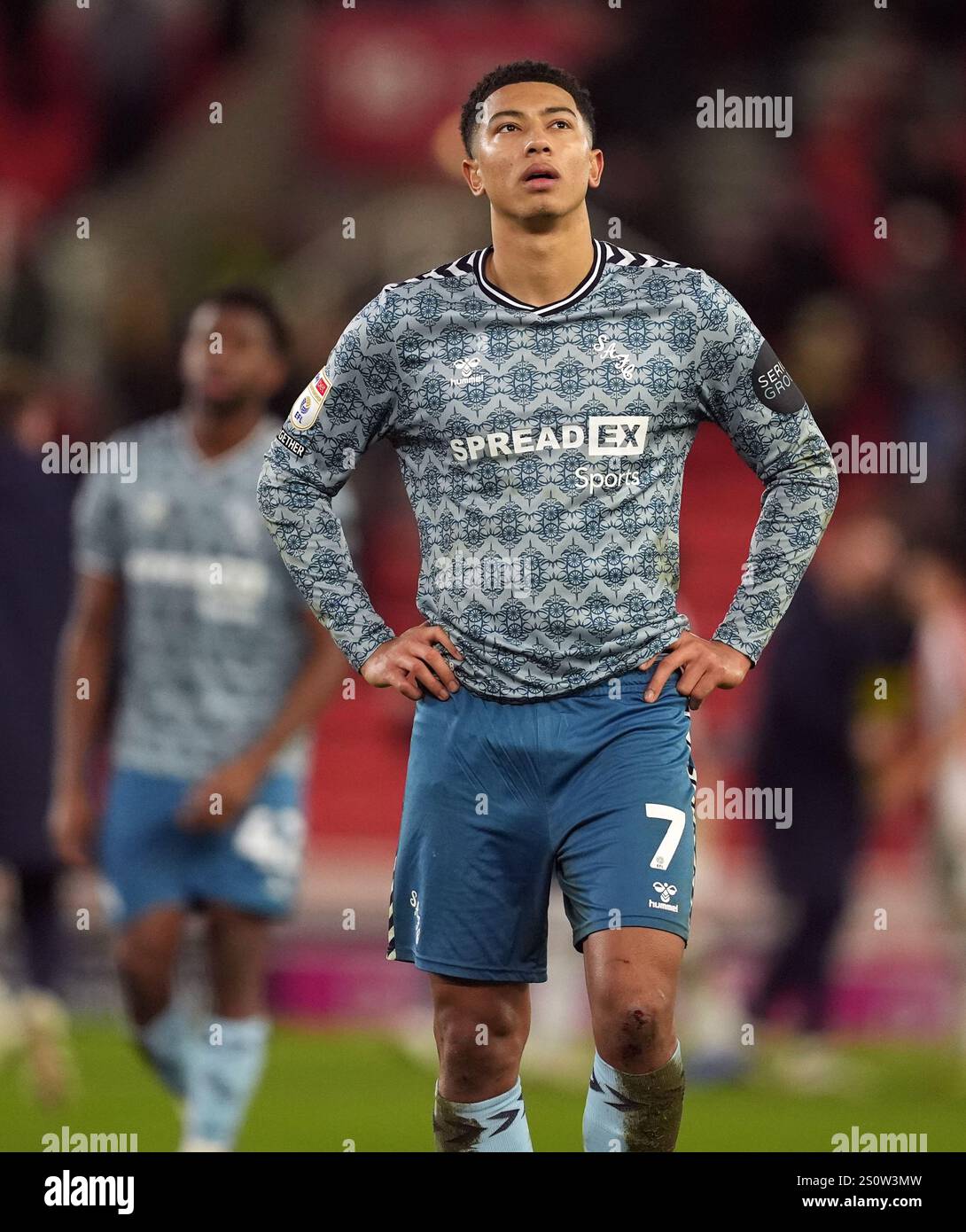 Sunderland's Jobe Bellingham shows his dejection at the end of the game ...