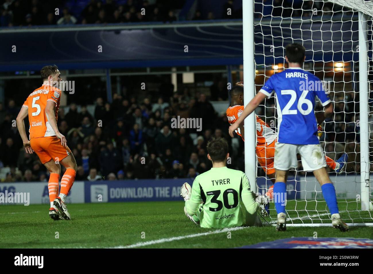 Blackpool’s Odeluga Offiah clears the ball off the line during the Sky ...