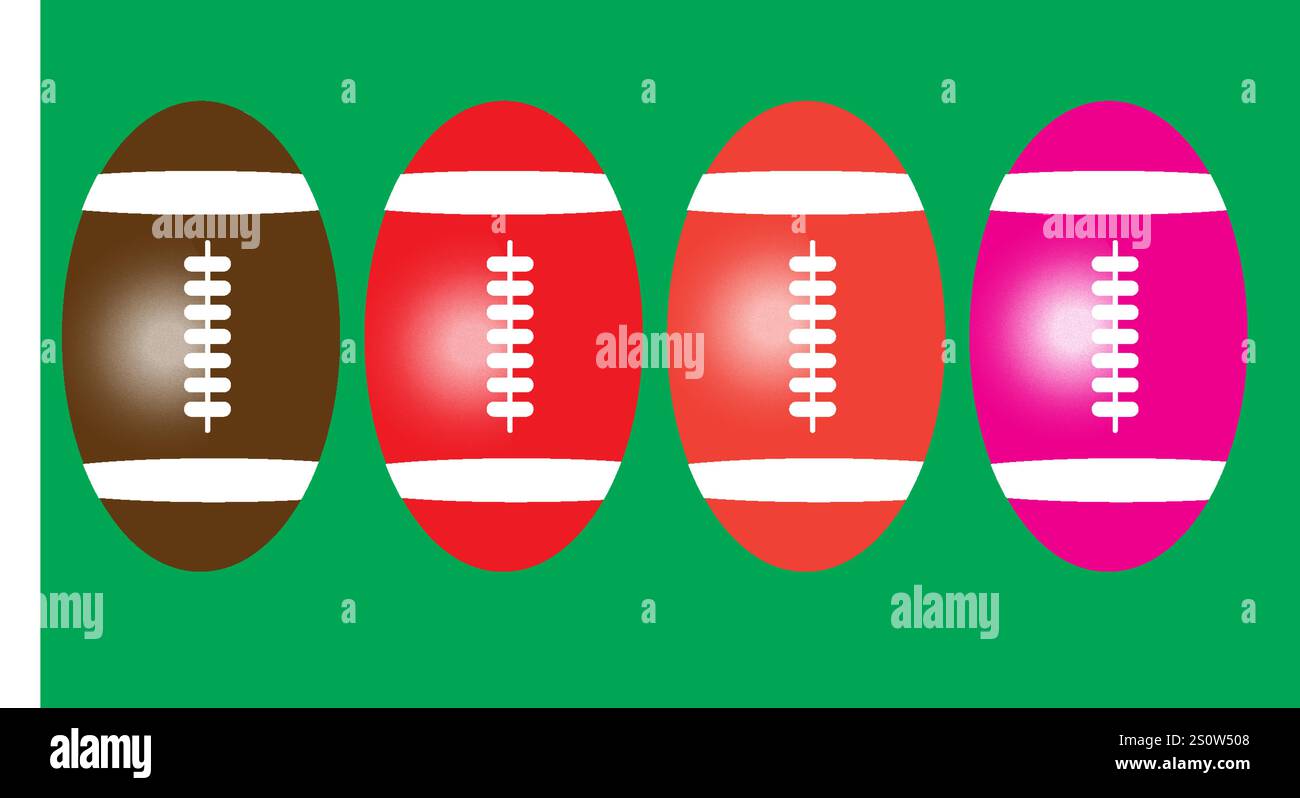 American football balls with brown red orange and pink colors Stock ...