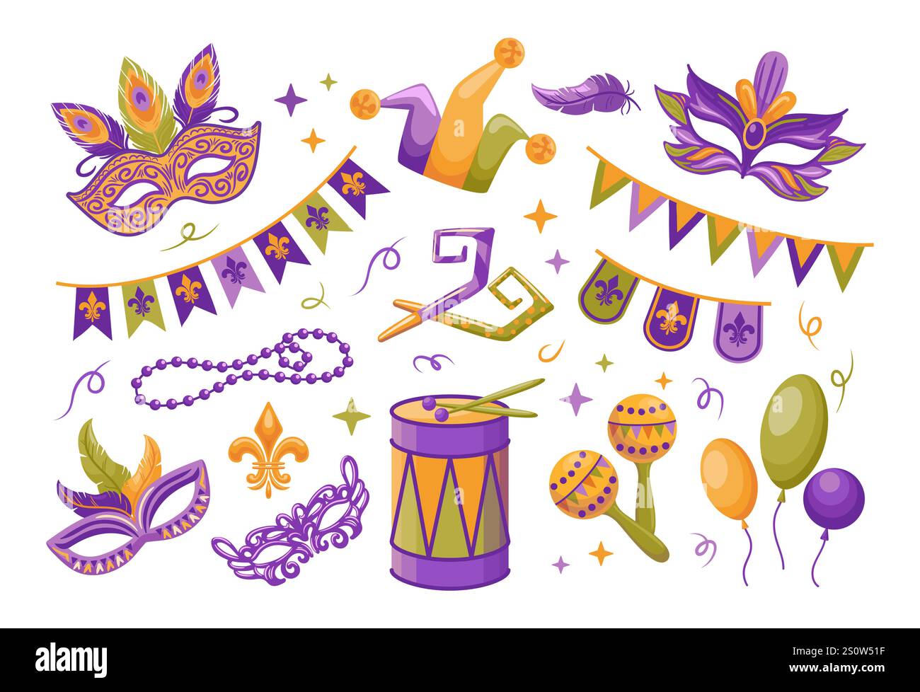 Great set for Mardi Gras celebration. Carnival masks. Garlands of flags ...