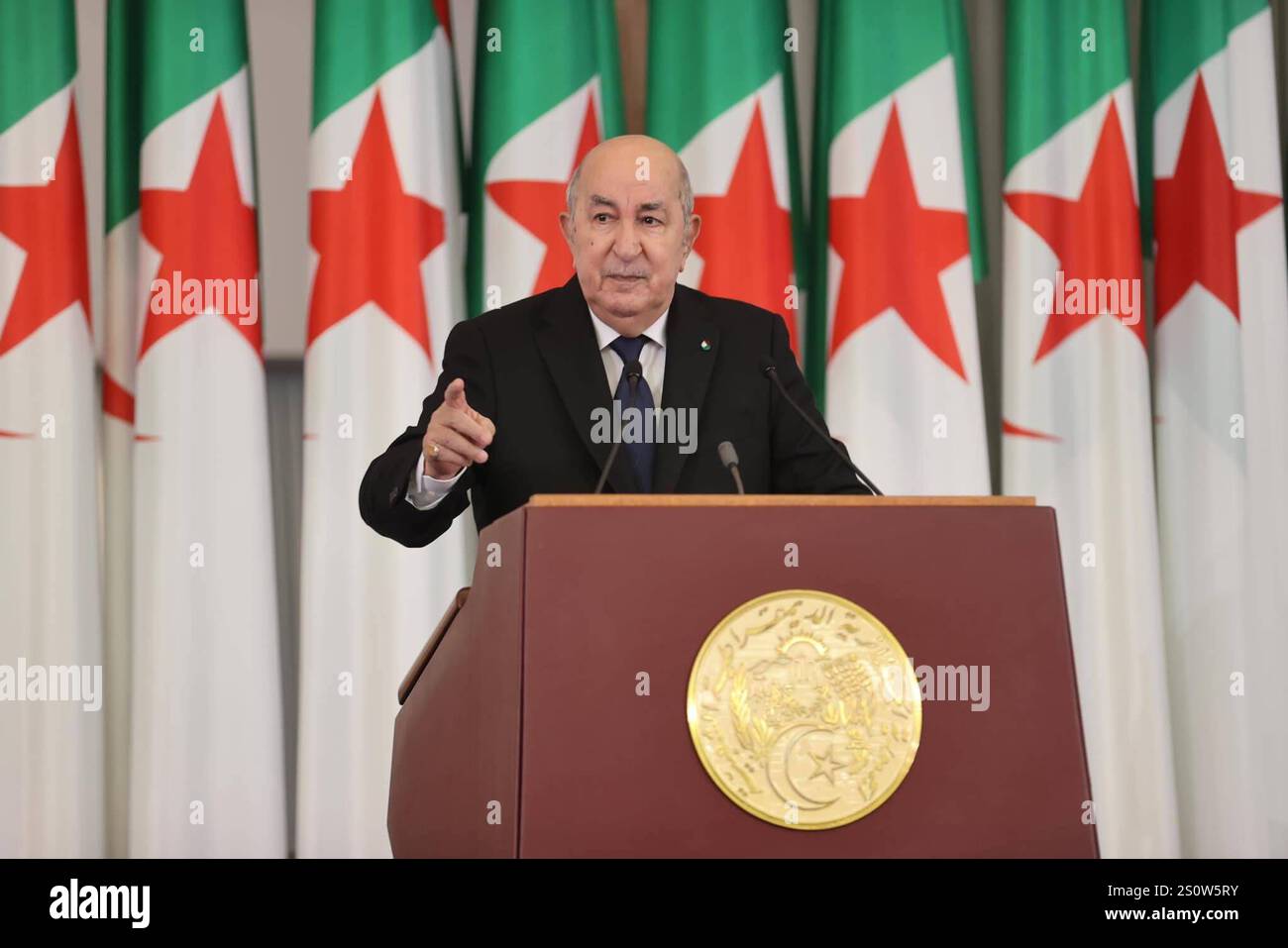 Algerian President Abdelmadjid Tebboune delivers a speech addressed to ...
