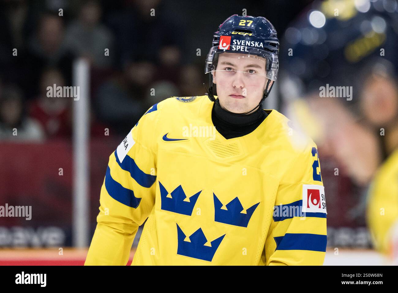 David Granberg of, Sweden. , . during the 2025 IIHF World Junior ...