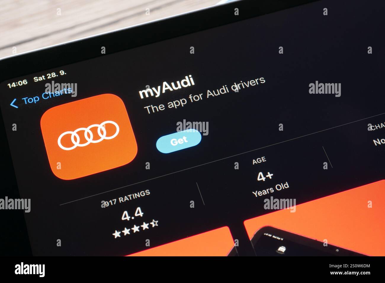 OSTRAVA, CZECHIA - SEPTEMBER 28, 2024: App store with myAudi mobile application for smart Audi ...