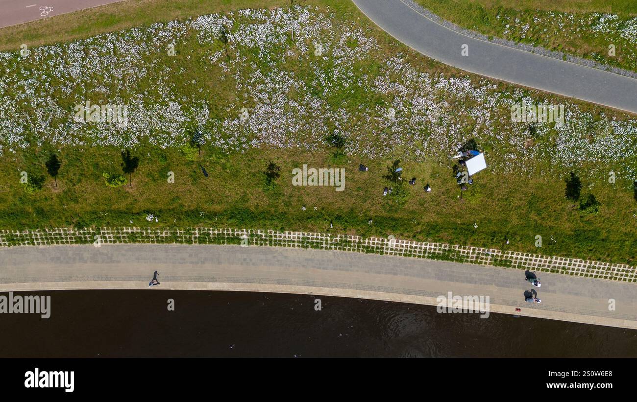 Aerial view of a riverside park with blooming flowers, a walking path ...