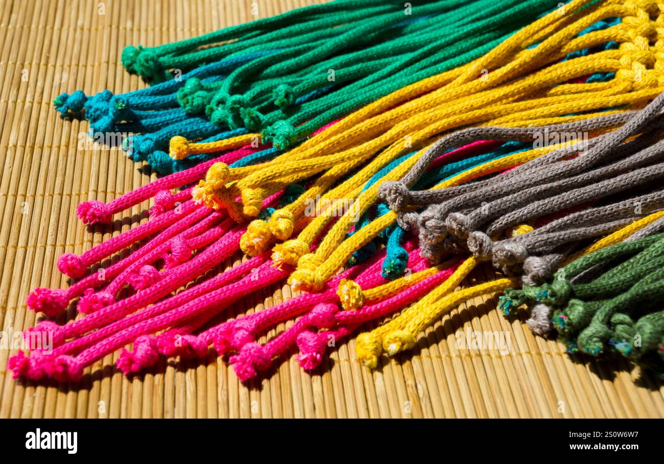Multi-colored knots on the yarn. Turkish yarn for weaving macrame. ECO ...