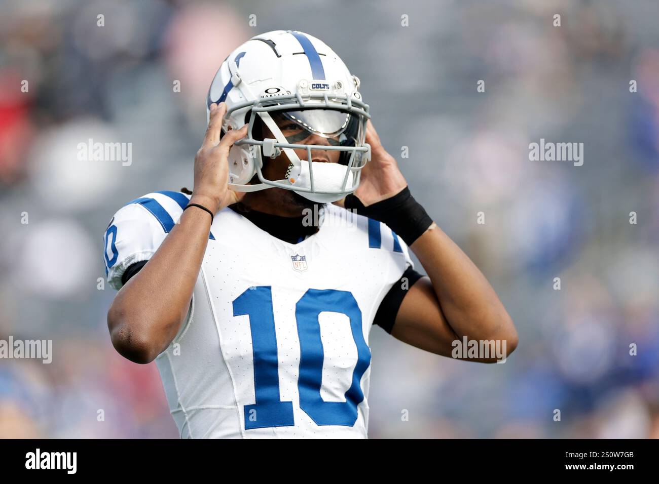 Indianapolis Colts wide receiver Adonai Mitchell (10) reacts before an ...