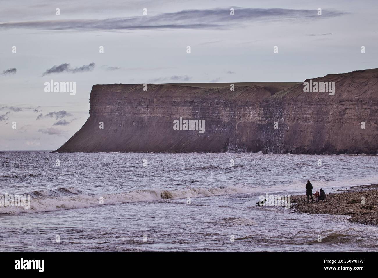 A coastal scene featuring a large, dark cliff face under a cloudy sky ...