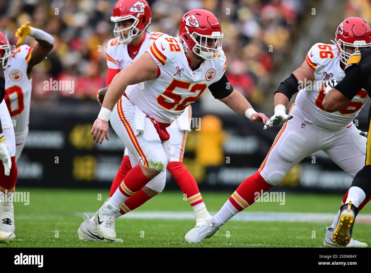 Kansas City Chiefs center Creed Humphrey looks to block during the ...