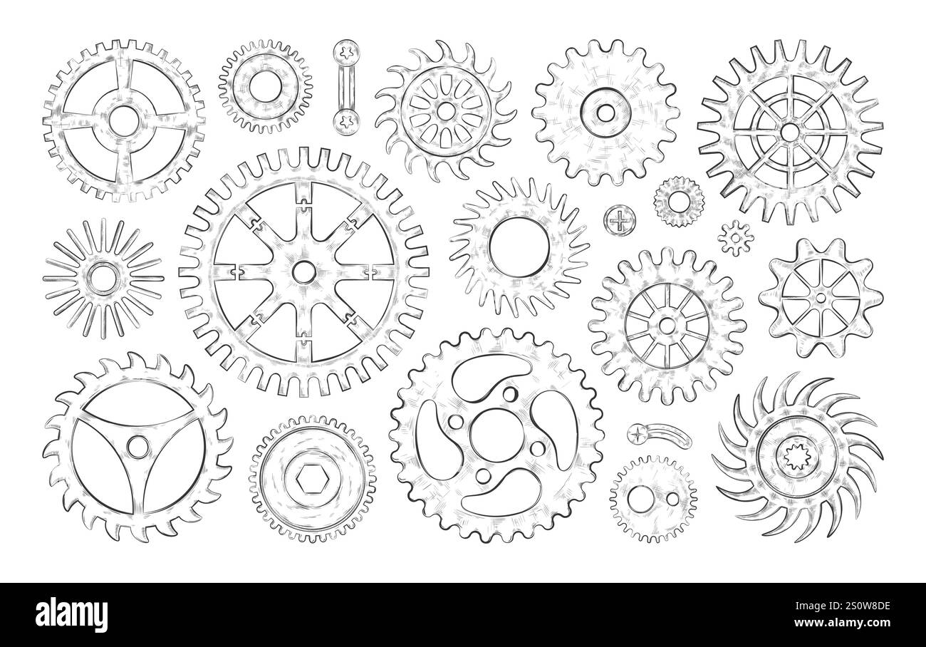 Vintage gear. Old wheel sketch, hand drawn machine factory cogwheel ...