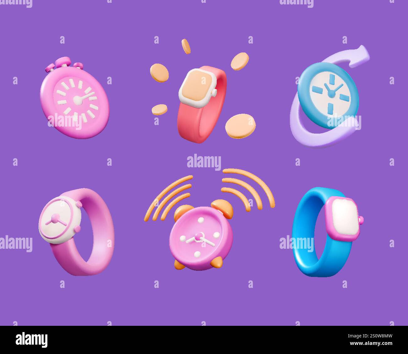 3D clock. Watch icon. Render timepiece. Alarm timer. Stopwatch and ...