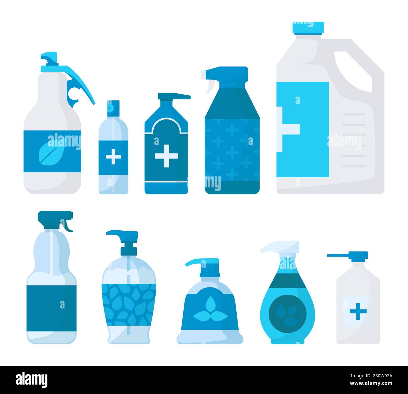 Hand disinfect bottles. Different antiseptic gel and soap ...