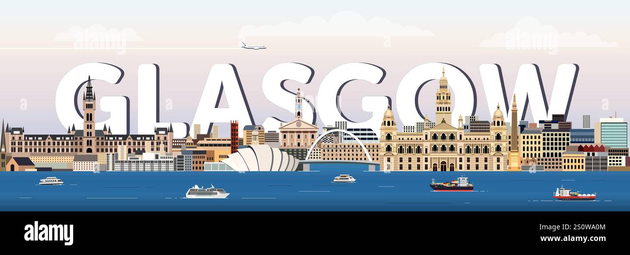 Glasgow city skyline colorful vector illustration. Travel poster Stock ...