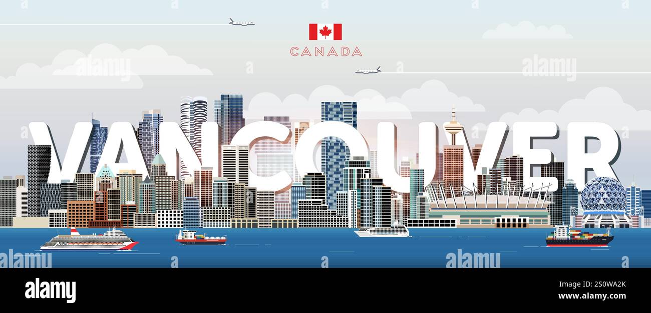 Vancouver cityscape colorful vector illustration. Travel poster Stock ...