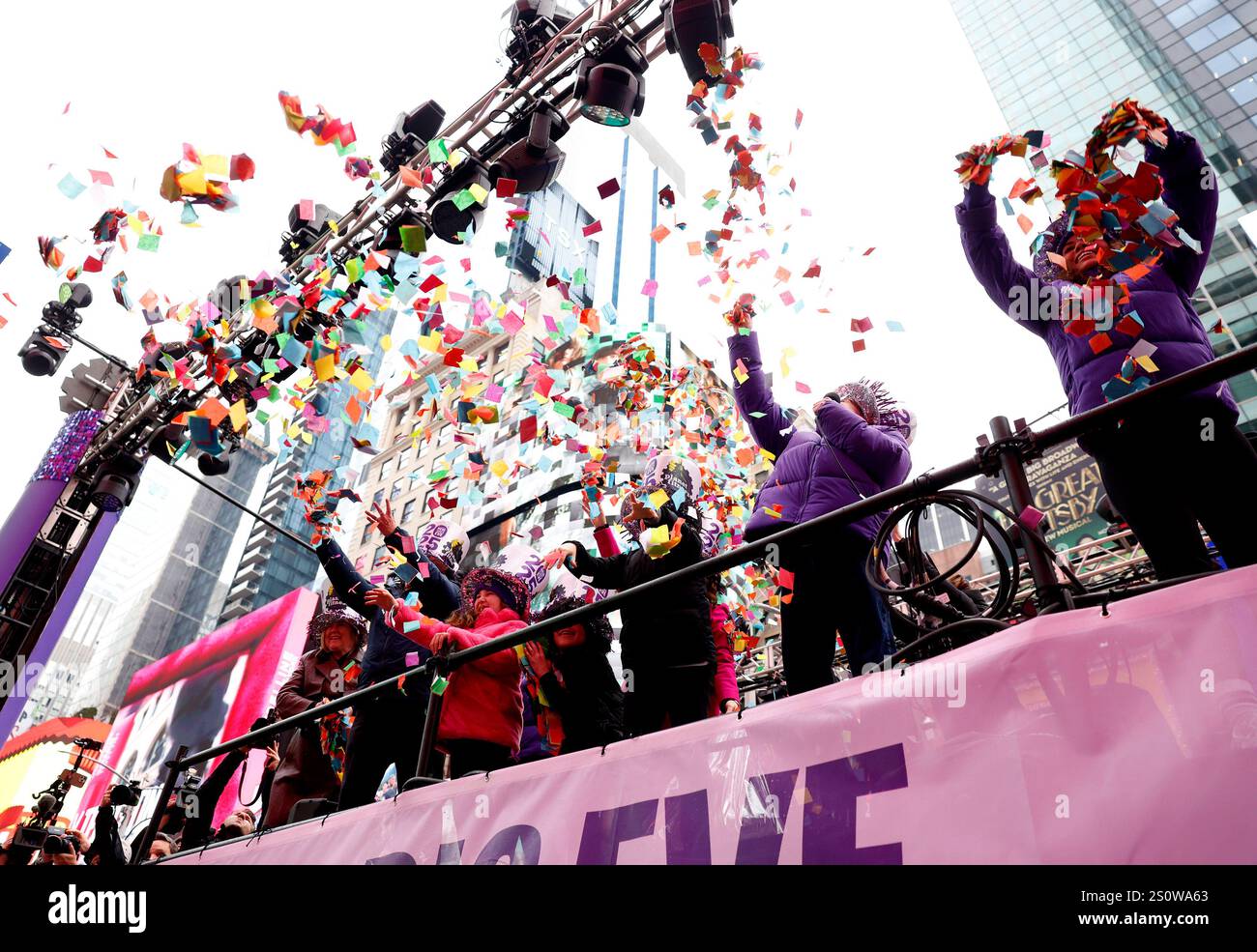 New York, United States. 29th Dec, 2024. Confetti is tossed in the air ...