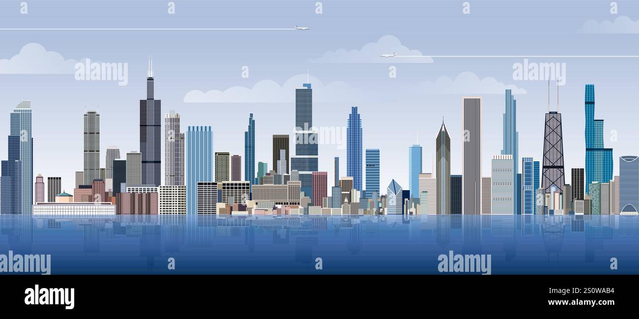 Chicago city skyline on gradient beautiful day sky background. Vector ...