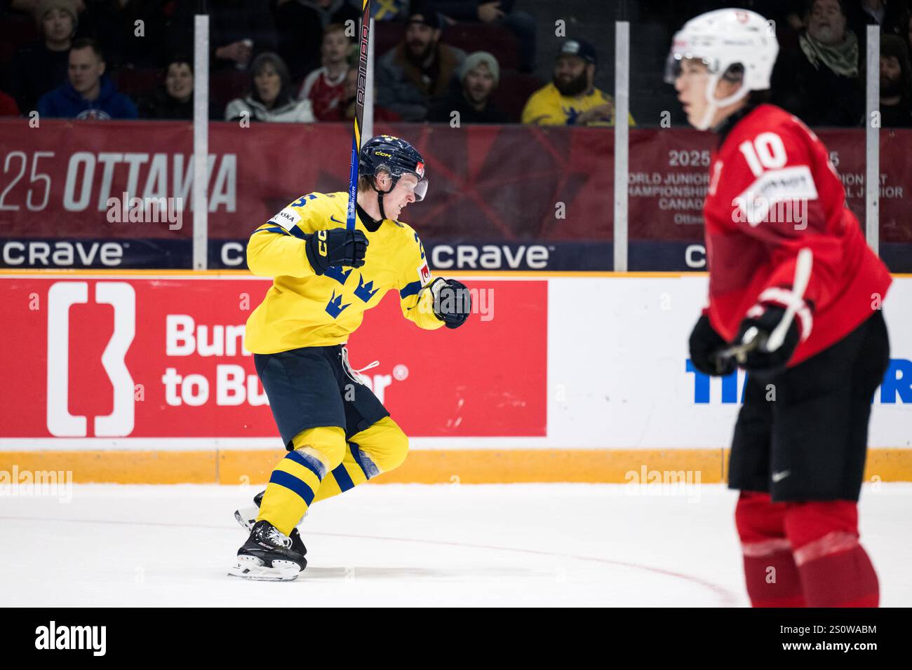 Otto Stenberg of, Sweden. , . celebrates after 1-3 during the 2025 IIHF ...
