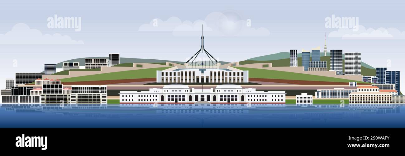 Canberra city skyline on gradient beautiful day sky background. Vector ...