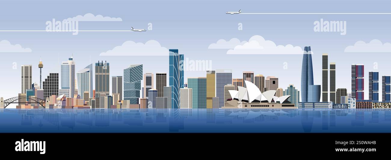 Sydney city skyline on gradient beautiful day sky background. Vector ...