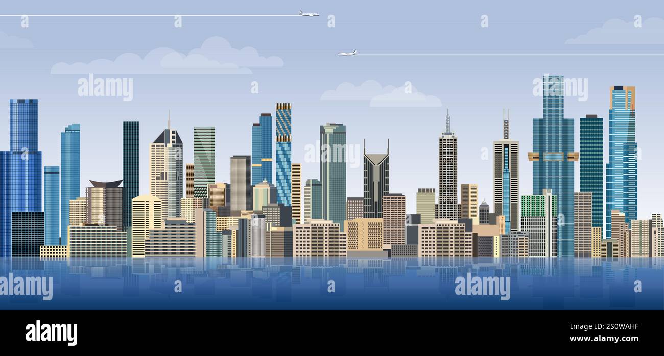 Melbourne city skyline on gradient beautiful day sky background. Vector ...