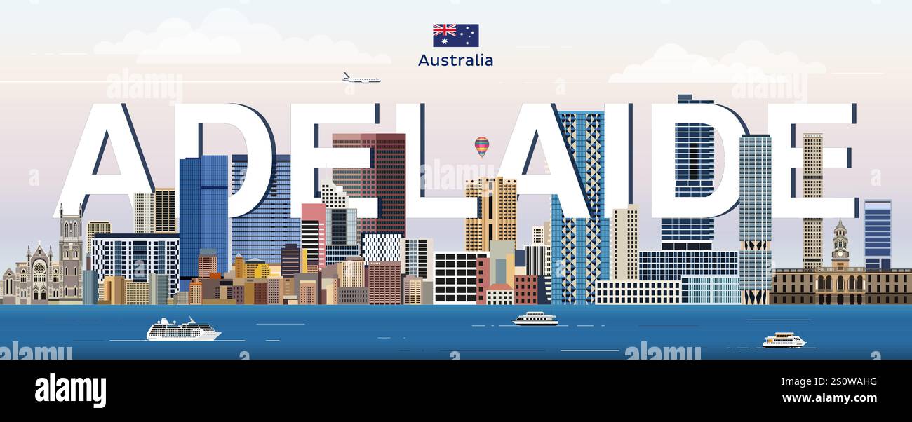 Adelaide city skyline colorful vector illustration. Travel poster Stock ...