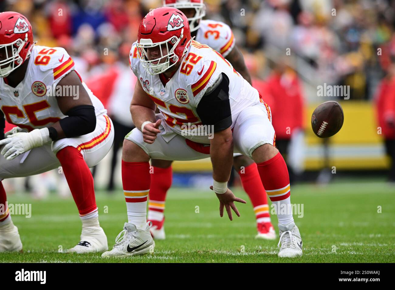 Kansas City Chiefs center Creed Humphrey looks to block the ball during ...