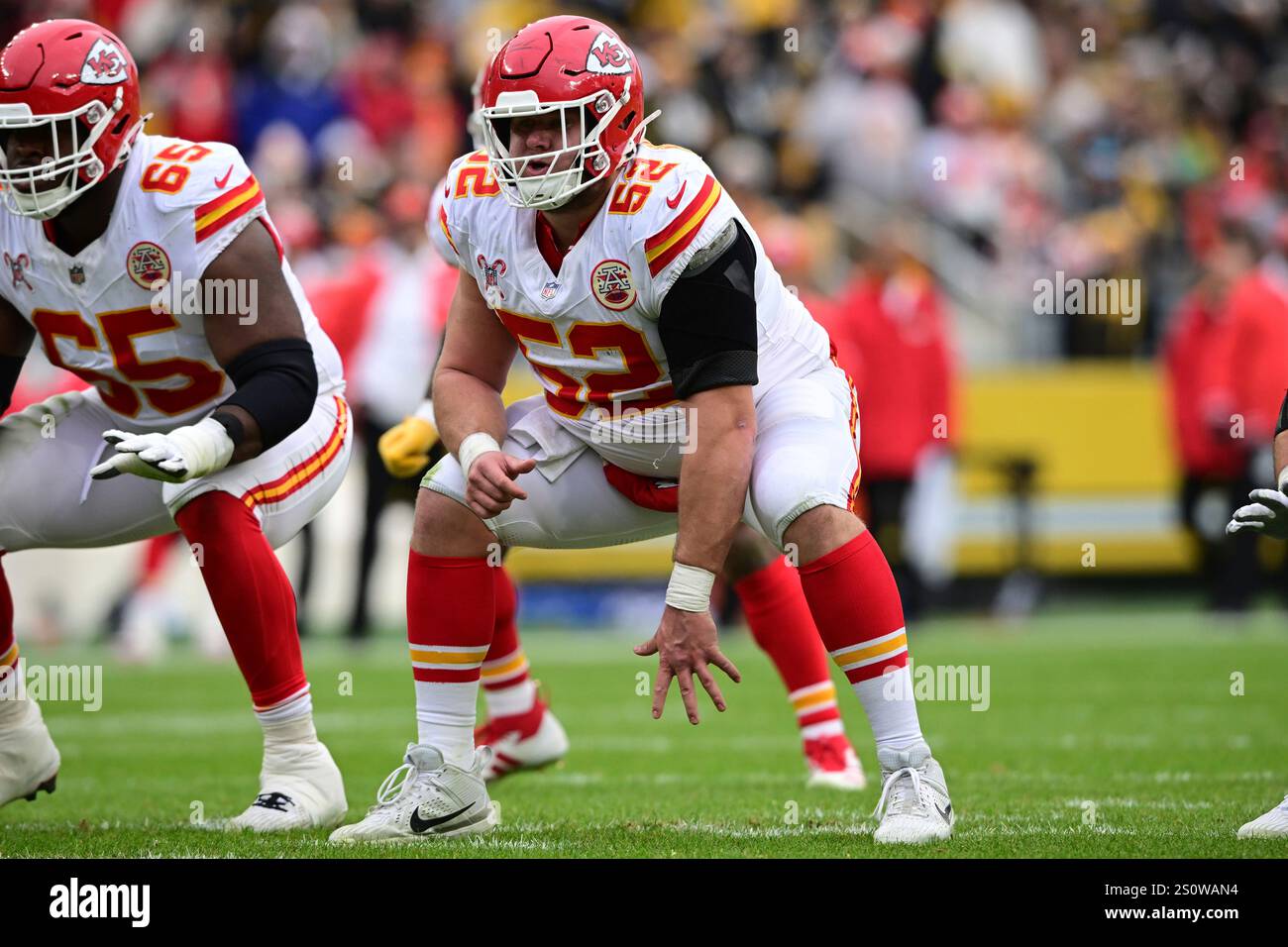 Kansas City Chiefs center Creed Humphrey looks to block the ball during ...