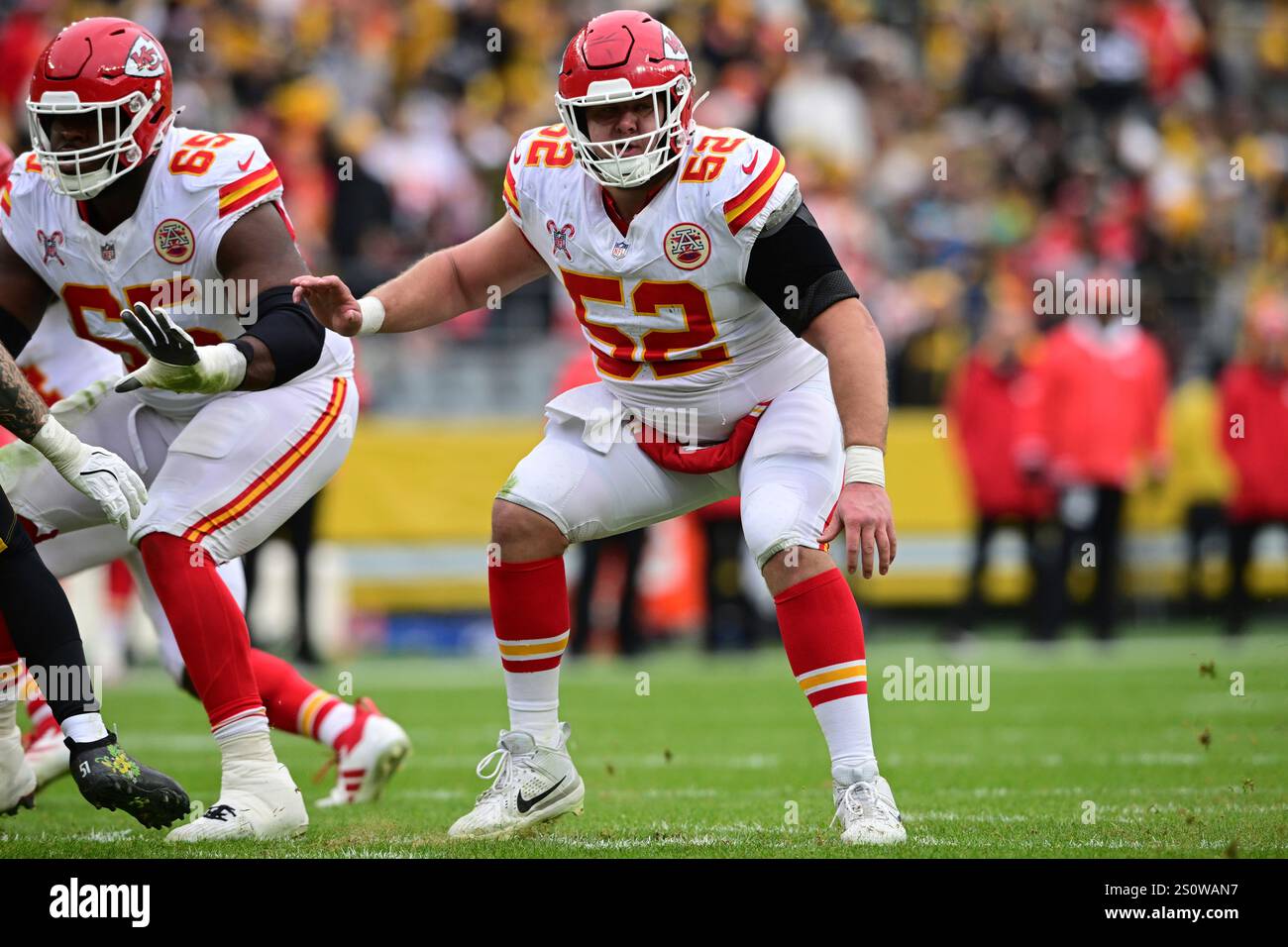Kansas City Chiefs center Creed Humphrey looks to block the ball during ...