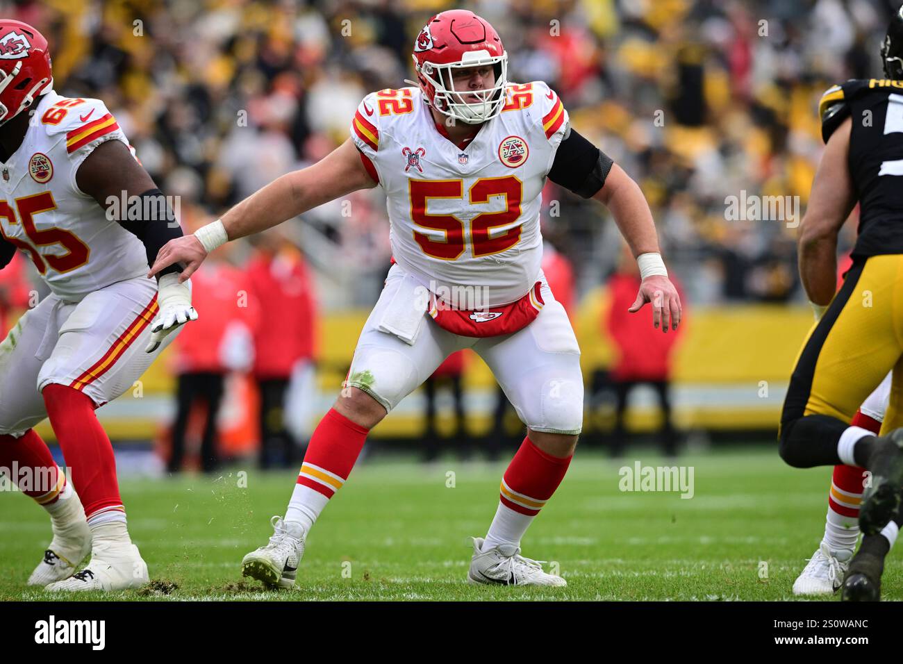 Kansas City Chiefs center Creed Humphrey looks to block the ball during ...