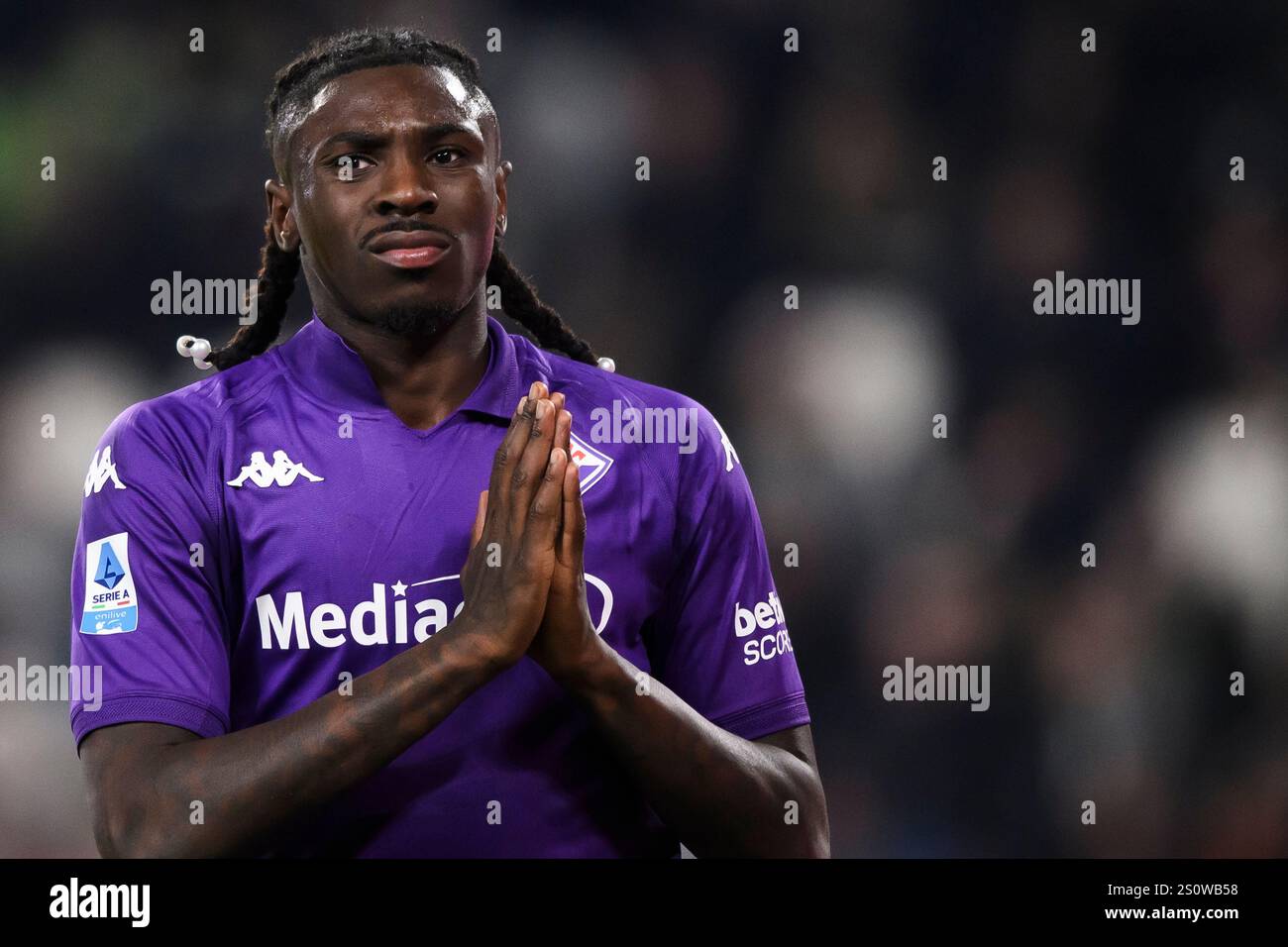 Turin, Italy. 29 December 2024. Moise Kean of ACF Fiorentina reacts ...