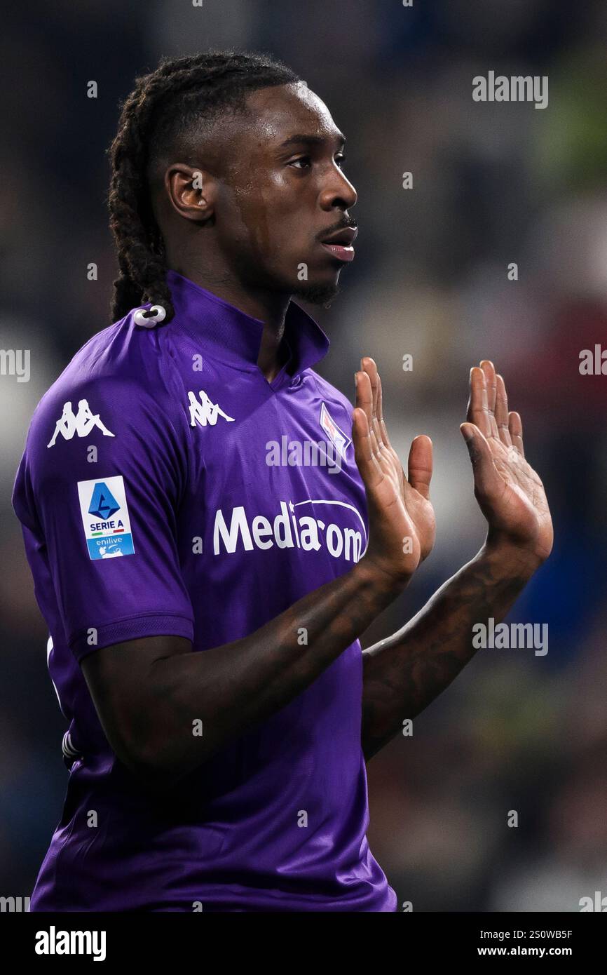 Turin, Italy. 29 December 2024. Moise Kean of ACF Fiorentina reacts ...