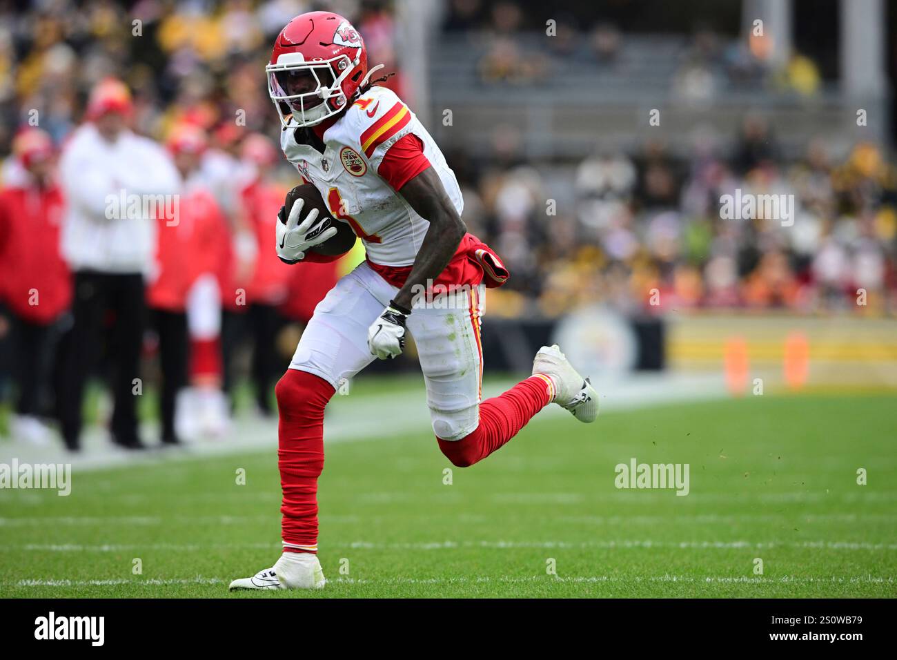 Kansas City Chiefs wide receiver Xavier Worthy runs after a reception ...