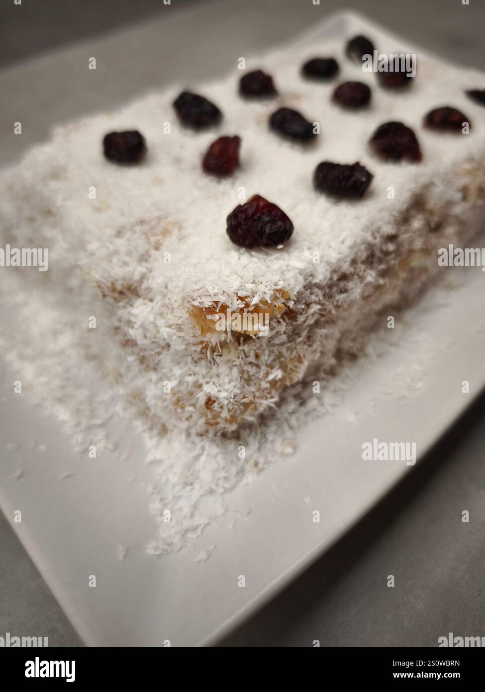 Rectangular coconut pudding decorated with dried cranberries, sitting ...