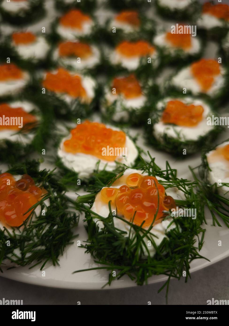 Small, round canapes topped with cream cheese, red caviar, and fresh ...