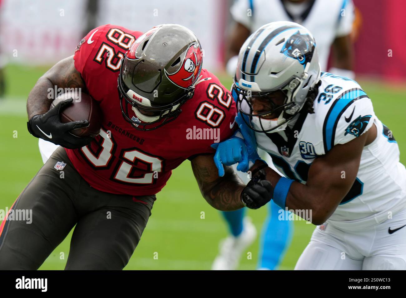 Tampa Bay Buccaneers tight end Devin Culp is tackled by Carolina ...