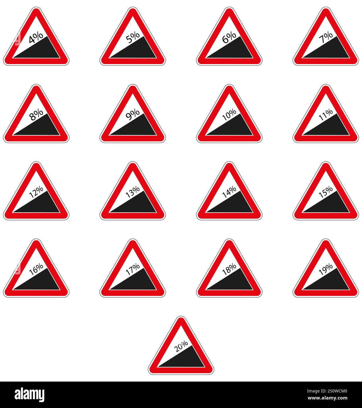 Collection of steep incline road signs displaying various percentage ...