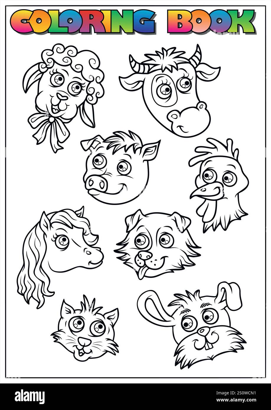 Coloring page with funny cartoon farm and domestic animal heads ...