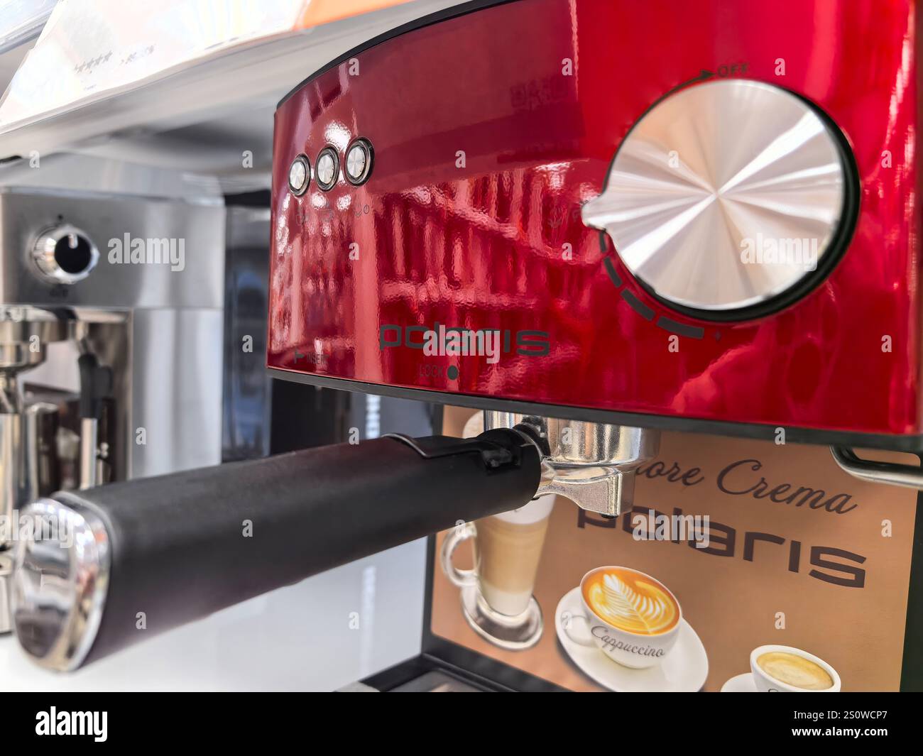 Bobruisk, Belarus - December 29, 2024: A polished red coffee machine ...