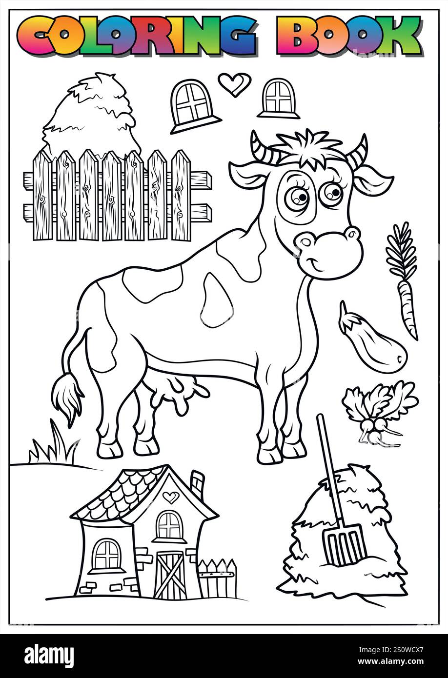 Coloring book page featuring a cute cow, barn, fence, hay, vegetables ...