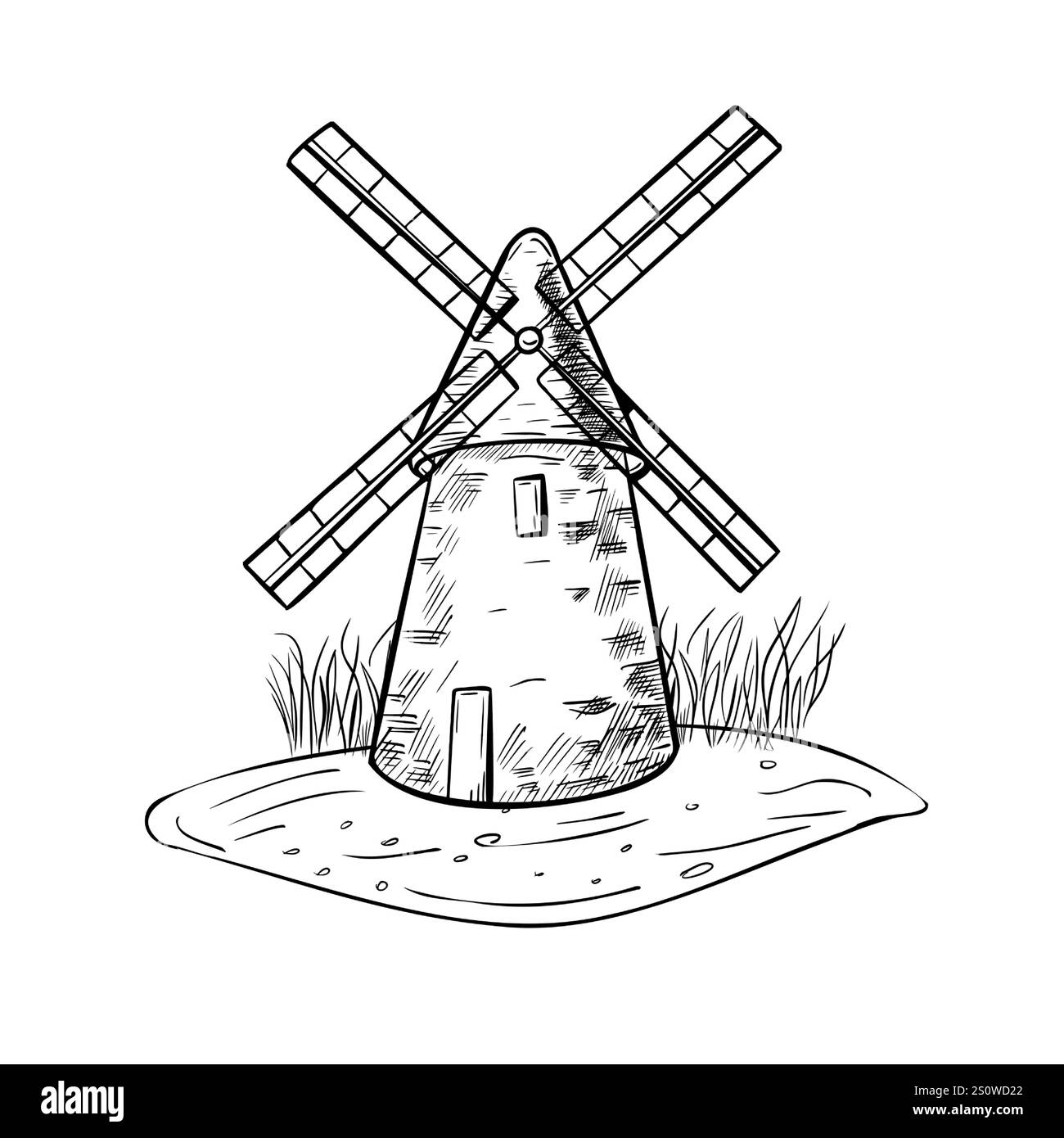 Rustic landscape of windmill and grass on ground black white vector ...