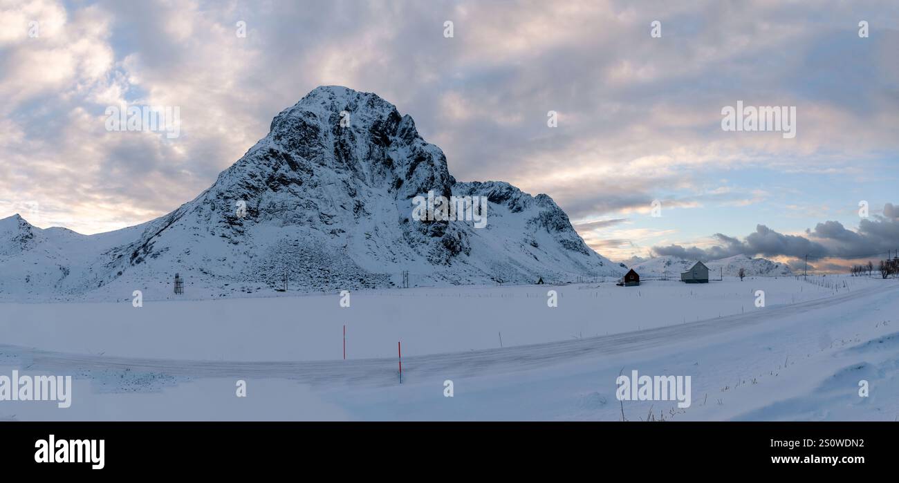 Beautiful winter landscape with snowy mountains,rocks,roads.Lofoten ...