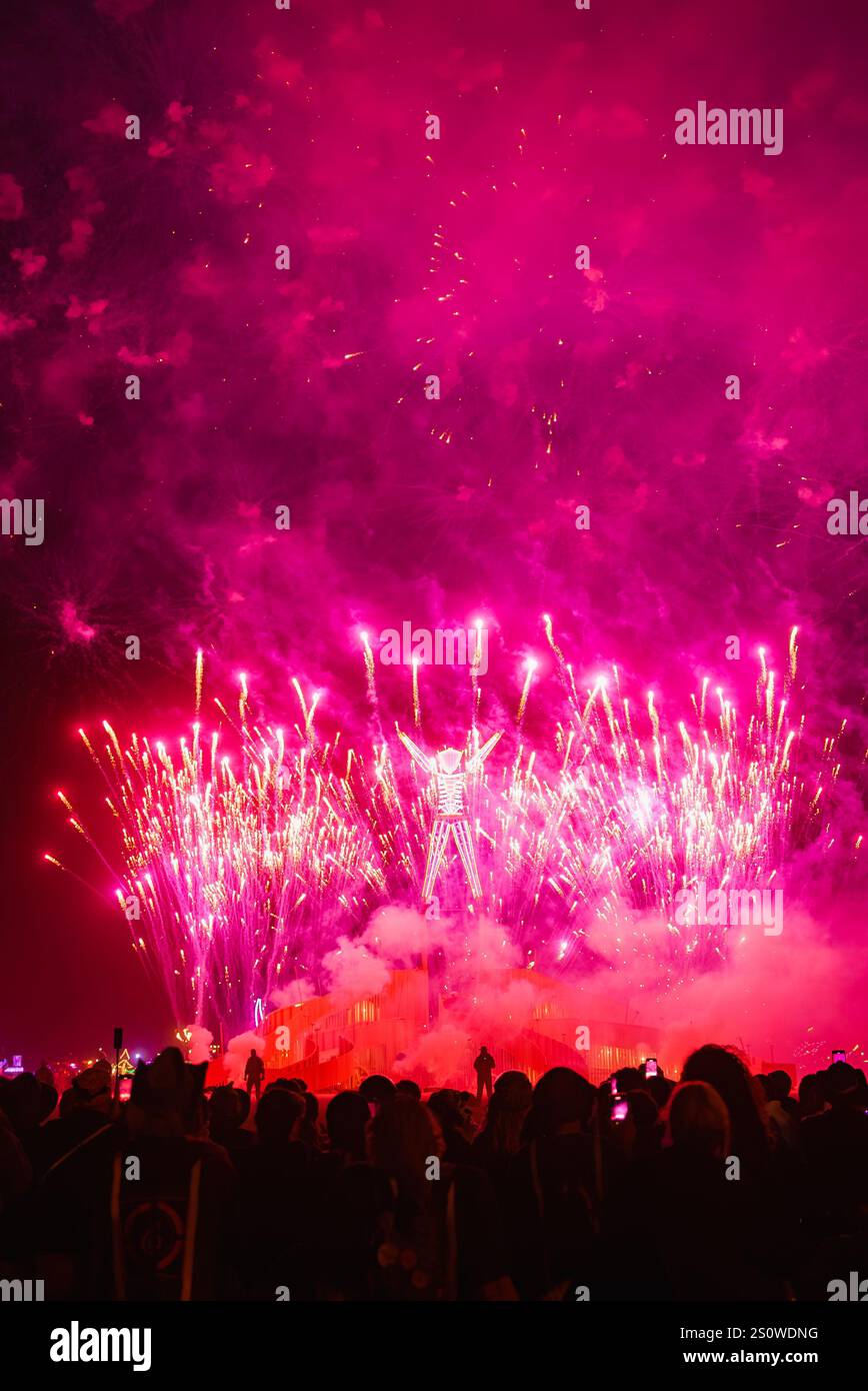 Burning Man Effigy with Fireworks in Black Rock Desert, Nevada Stock ...