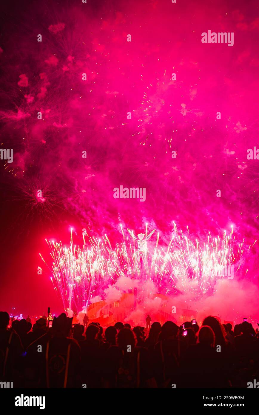 Nighttime Festival Scene with Fireworks and Art Installation Stock ...