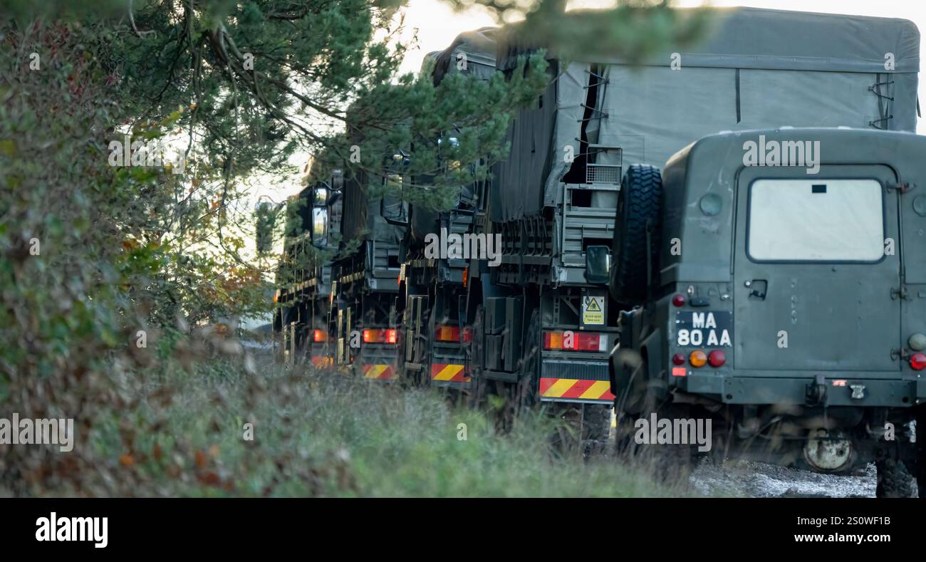 convoy of British army Heavy Utility Trucks take cover along a tree ...