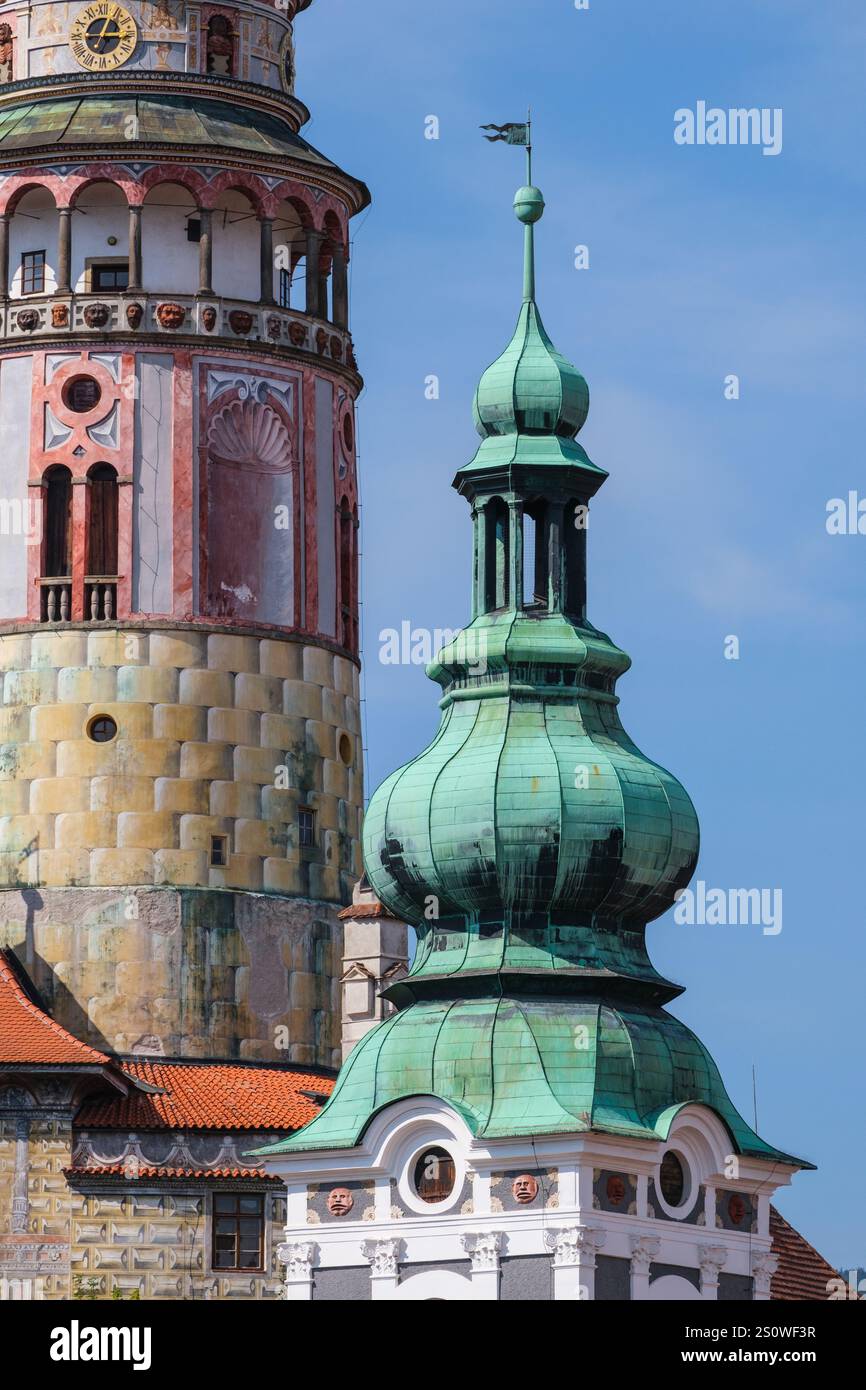 Cesky Krumlov Castle Tower, Steeple of St. Jost Church, Czech Republic ...