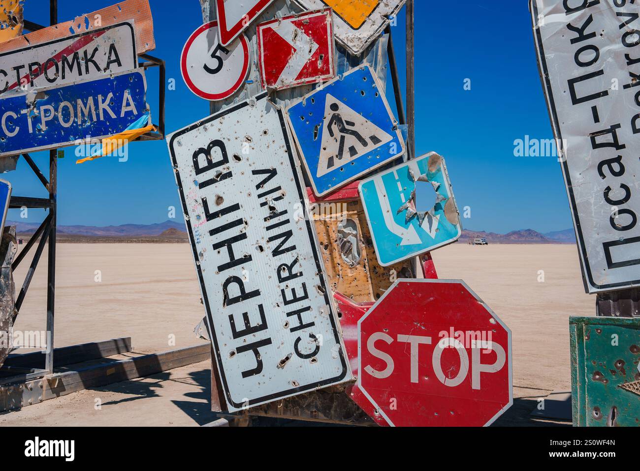 Art Installation of Road Signs in Desert Festival Setting Stock Photo ...