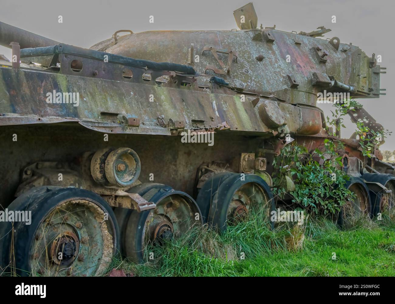 close-up of an abandoned rusting British FV4201 Chieftain main battle ...