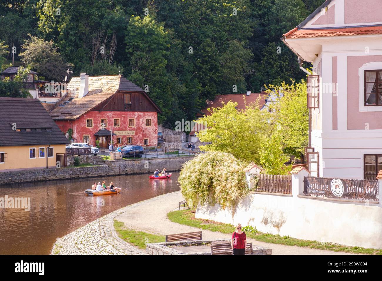 Cesky Krumlov, Tourists Rafting and Canoeing on the Vltava River, Czech ...